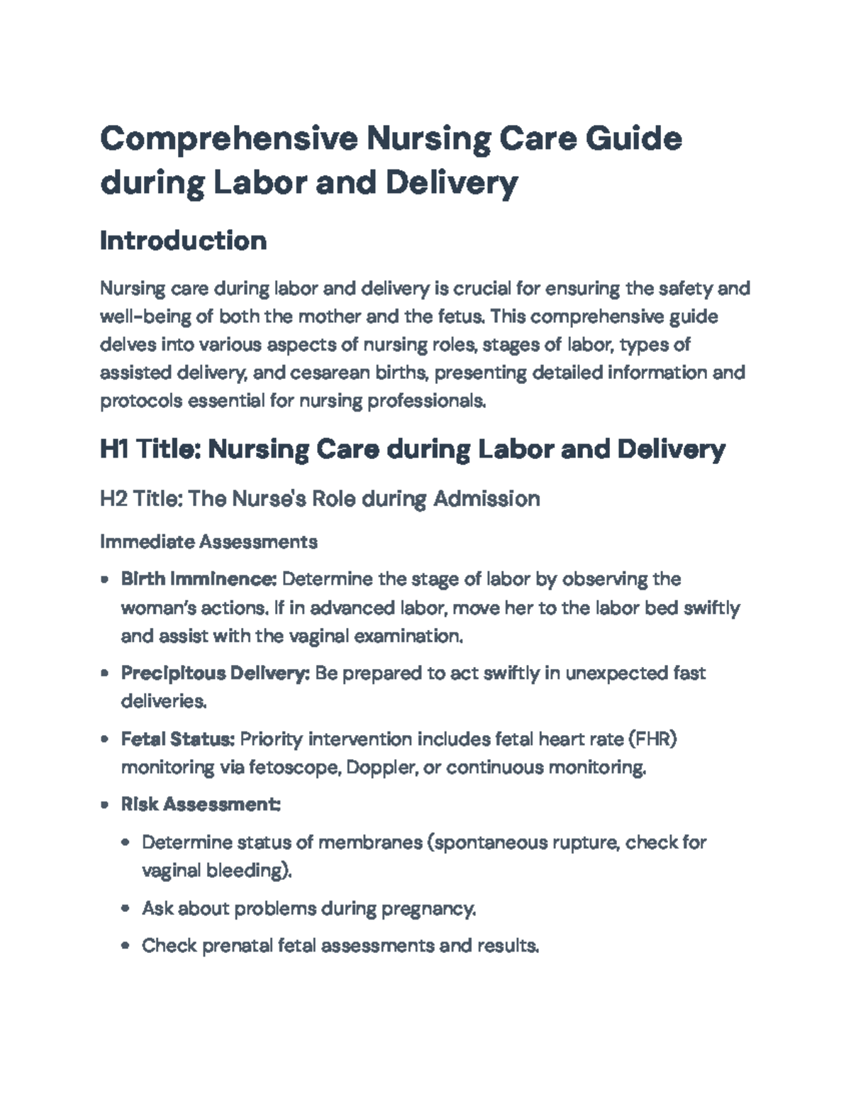 Comprehensive Nursing Care Guide for Labor and Delivery (NURS 202 ...