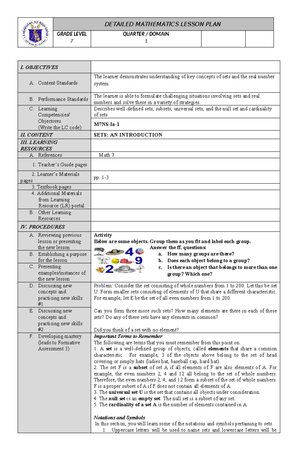 DE5262 Grade 7 Math Lesson Plan: Sets & Real Number System - Studocu
