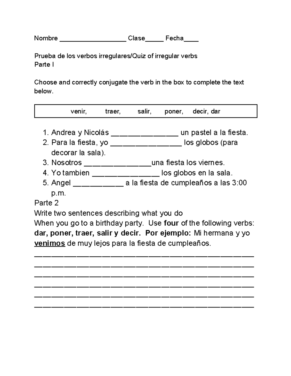 Prueba de Verbos Irregulares - Clase de Español - Quiz - Studocu