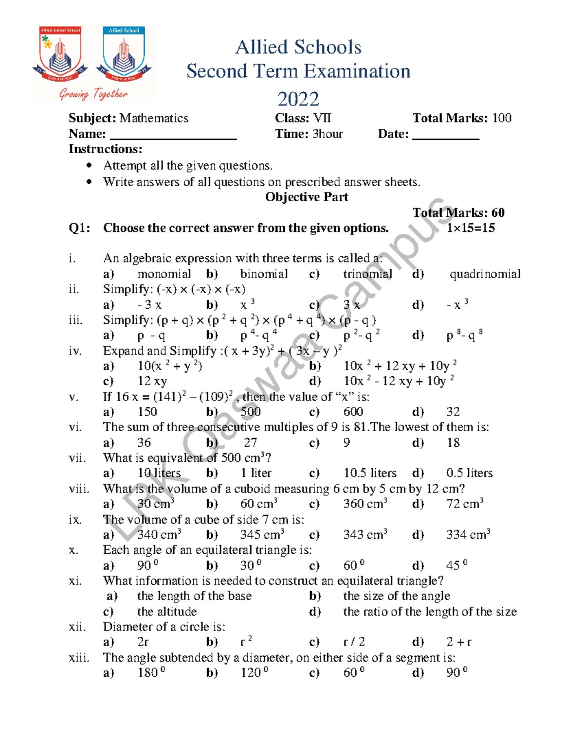 Class VII Mathematics Second Term - Exam Class 7 - THP Course ...