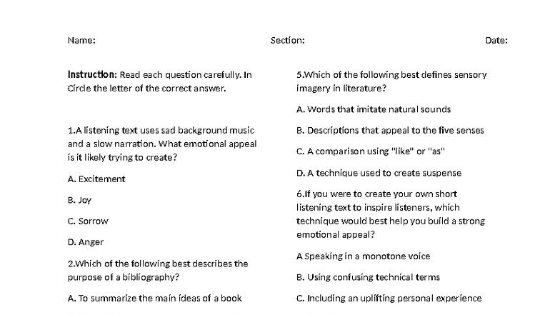 Rena Test - Multiple Choice Questions on Literary Techniques and ...
