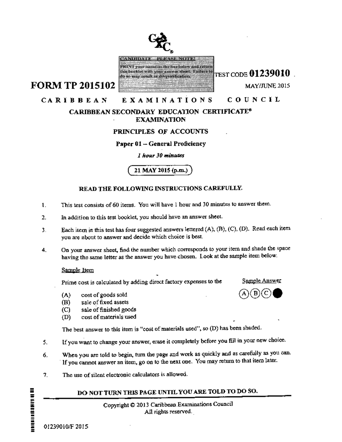 CSEC POA June 2015 P1 - Principles of Accounts CXC Exam Paper - Studocu
