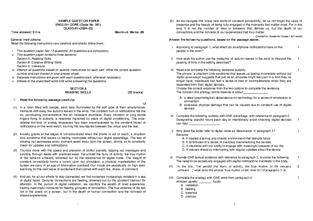 English Core-SQP - ghuikj - SAMPLE QUESTION PAPER ENGLISH CORE (Code No ...