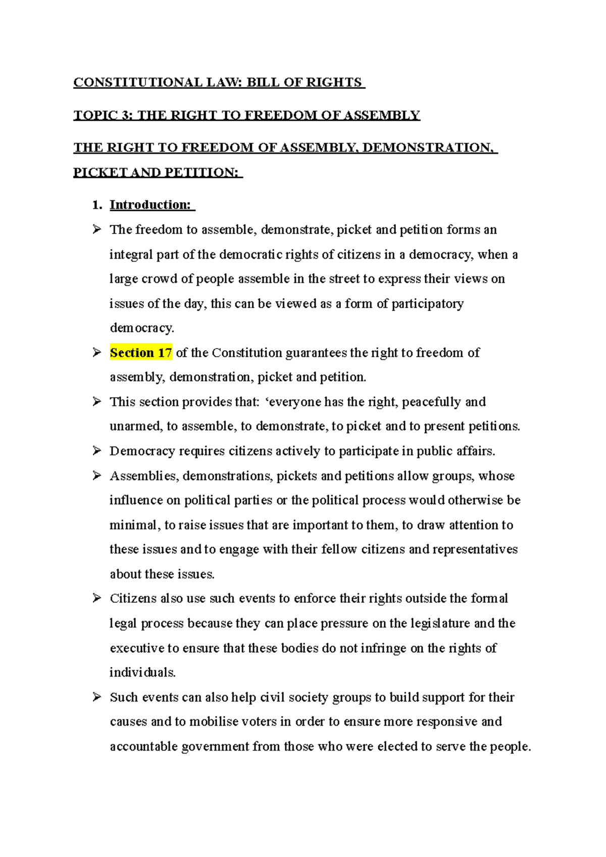 CONSTITUTIONAL LAW: BILL OF RIGHTS QUIZ ON FREEDOM OF ASSEMBLY CASES - Studocu