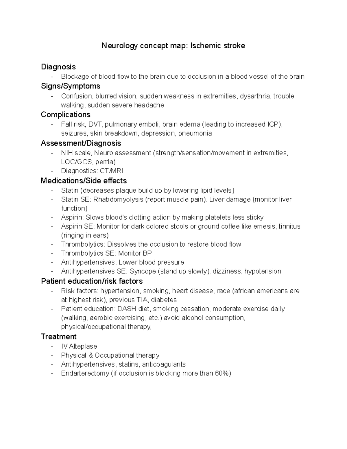 Neurology Concept Map: Ischemic Stroke Overview and Key Points - Studocu