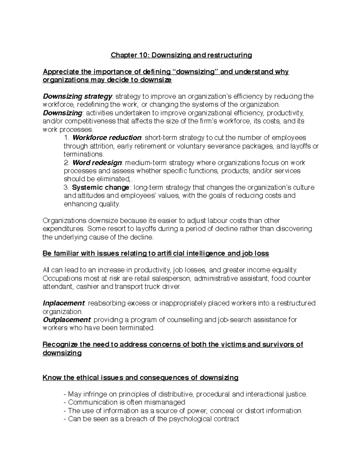 HR Planning chapter 10 - Chapter 10: Downsizing and restructuring Appreciate the importance of ...
