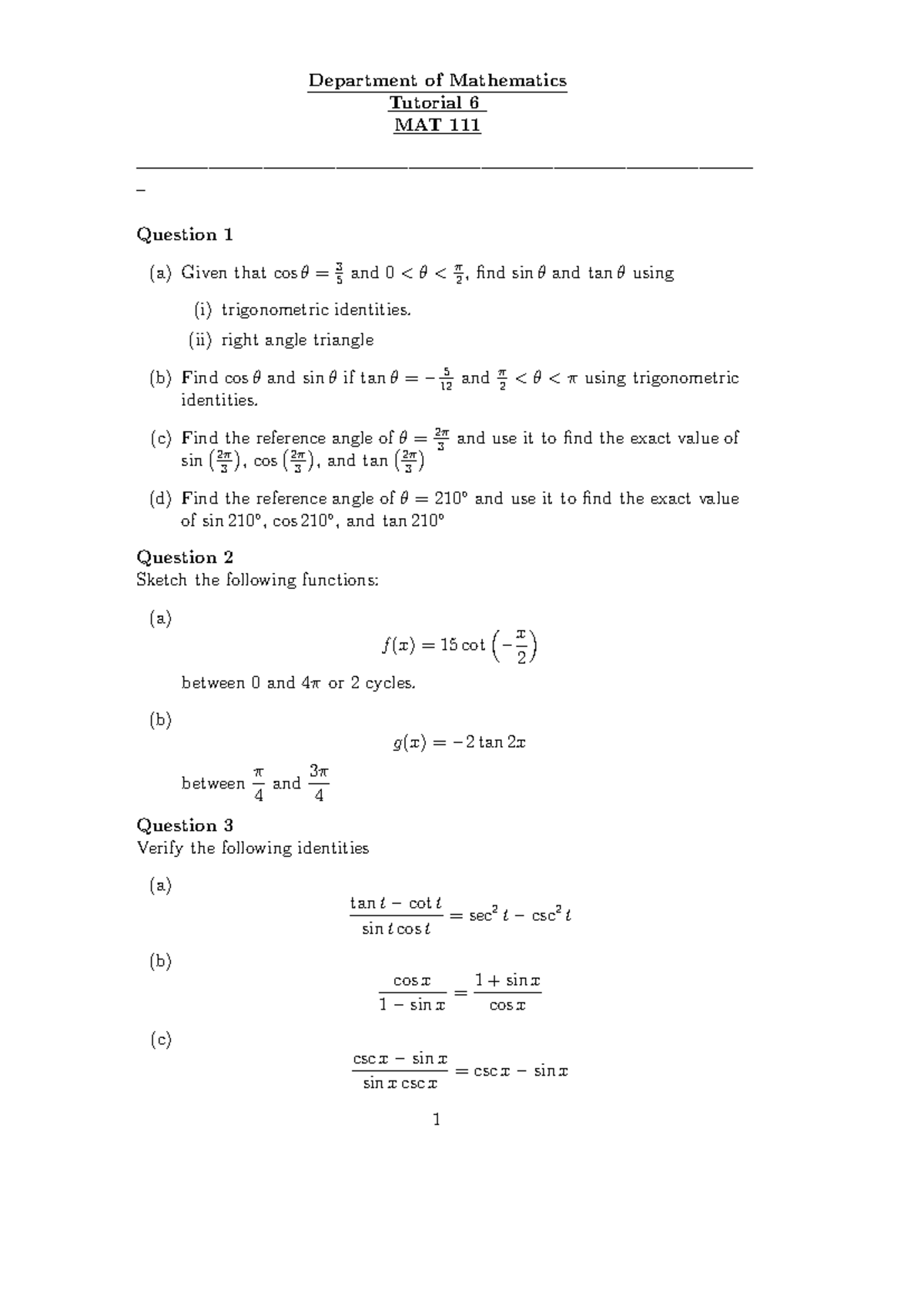Tutorial 6 - Mathematics: Trigonometric Identities & Functions - Studocu