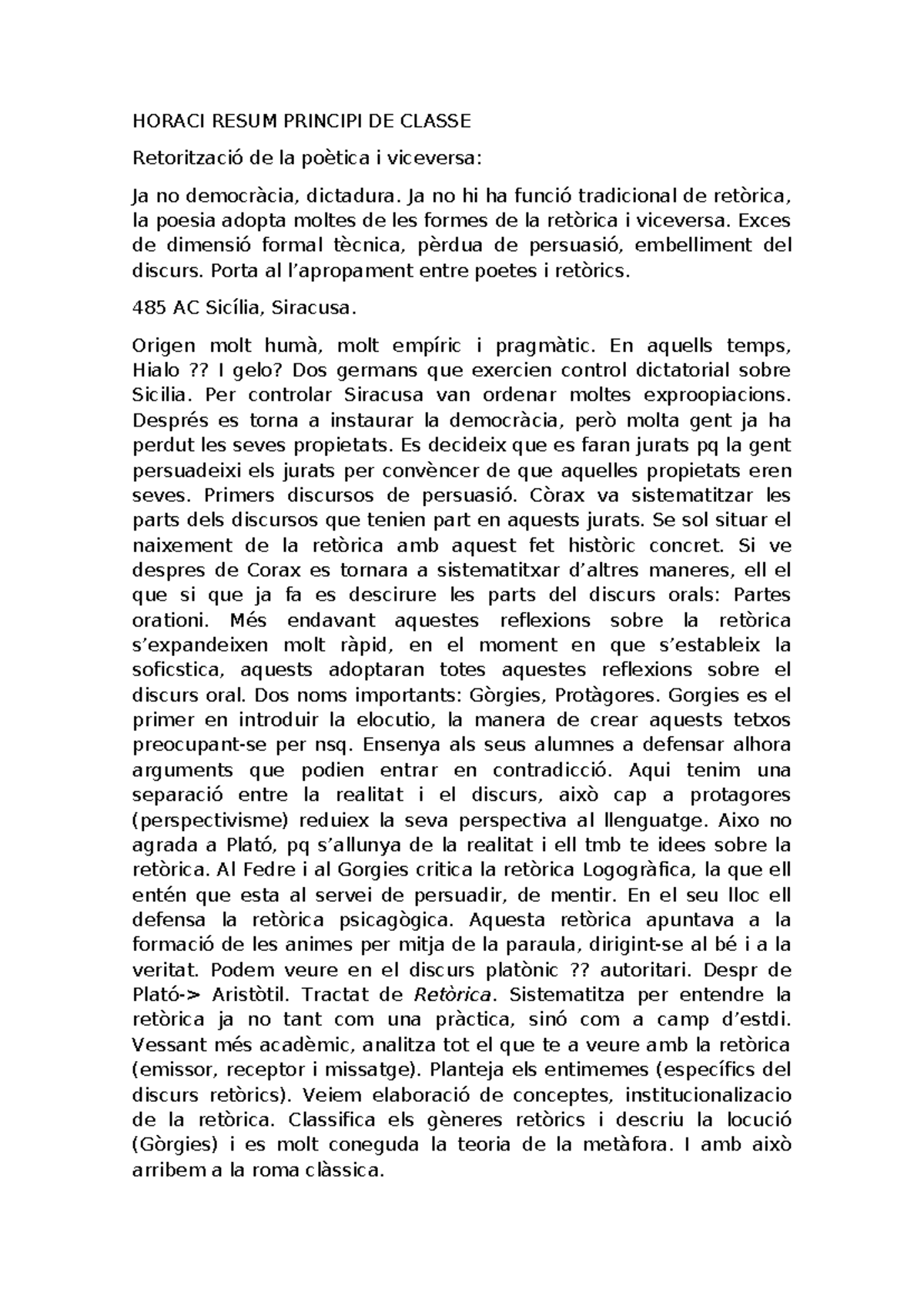 HORACI RESUM PRINCIPI DE CLASSE: Retòrica i Poesia a l'Antiguitat - Studocu