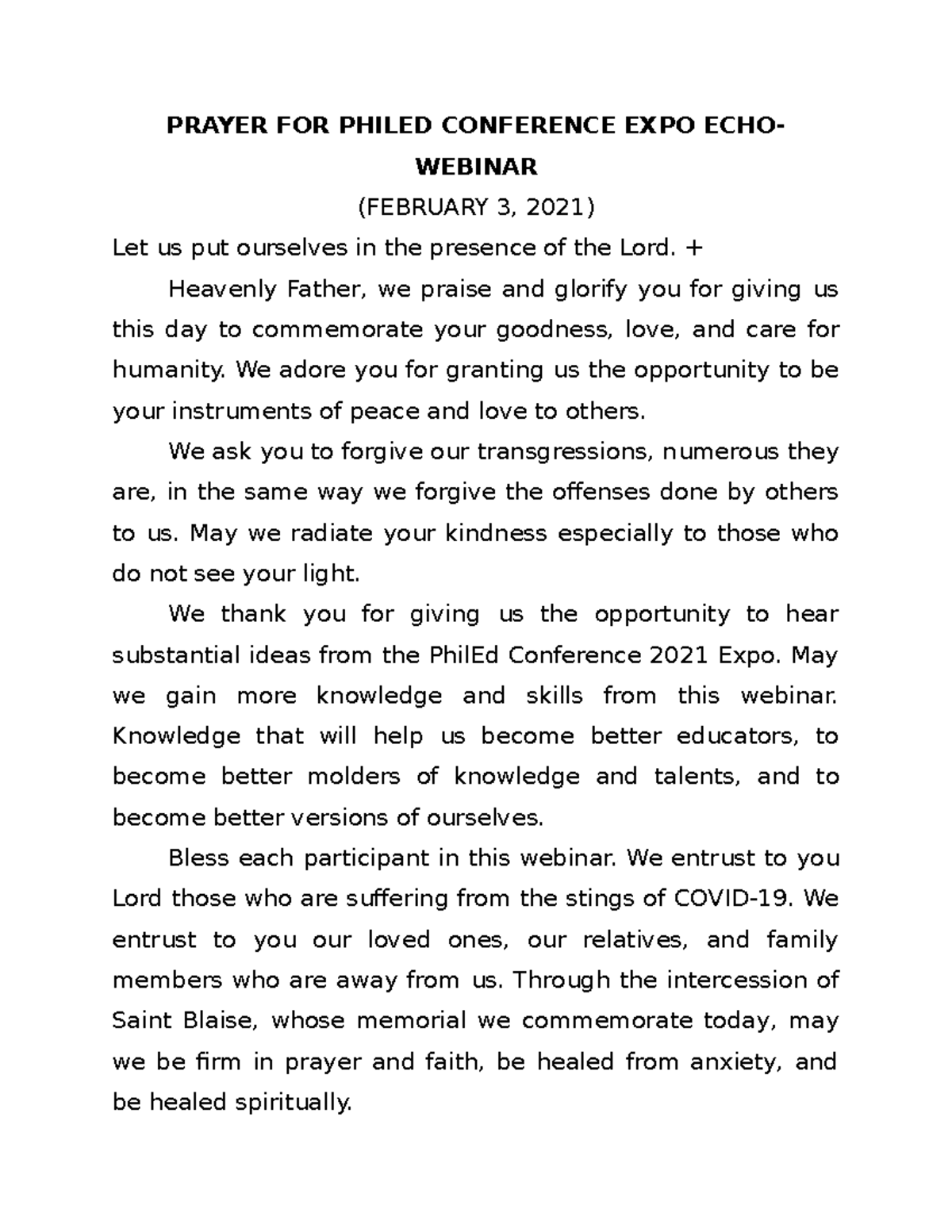 Prayer for PhilEd Conference 2021 Webinar - February 3 & 4 - Studocu