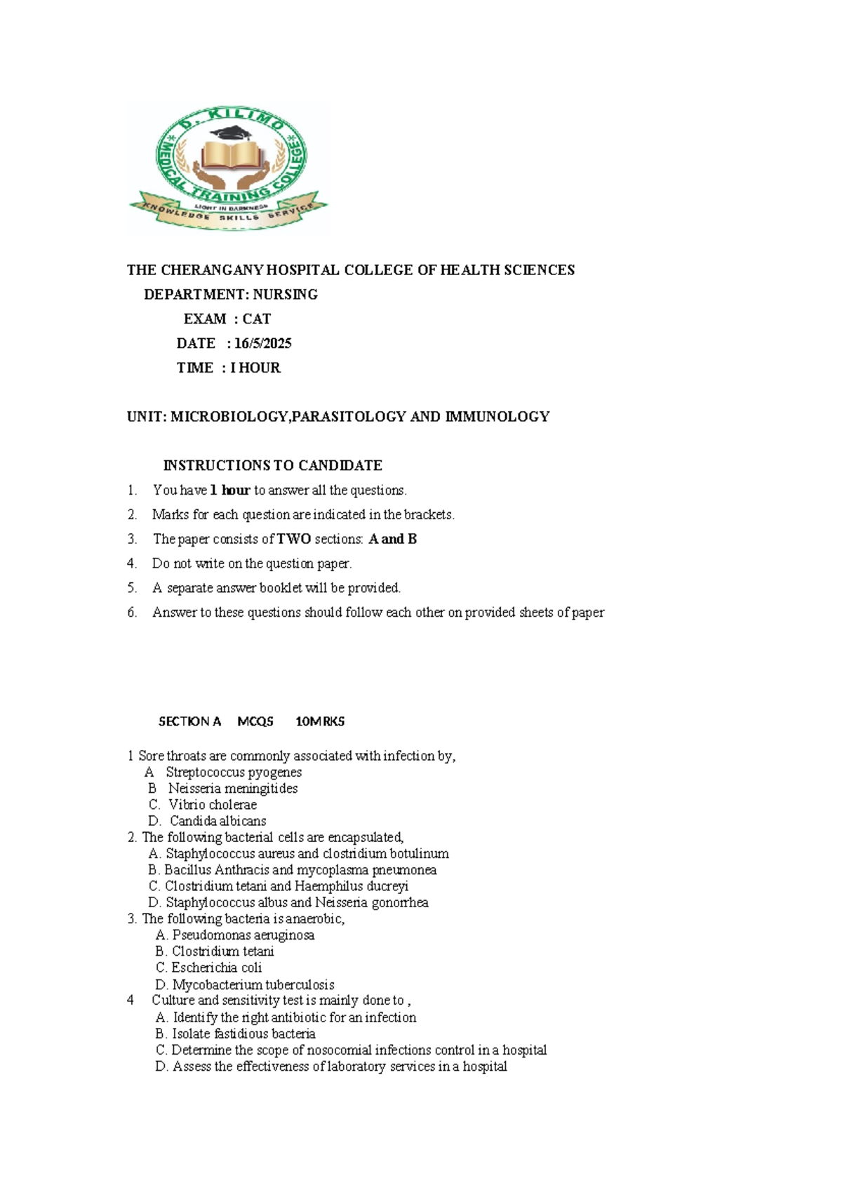 Microbiology, Parasitology & Immunology CAT Exam - Cherangany College ...