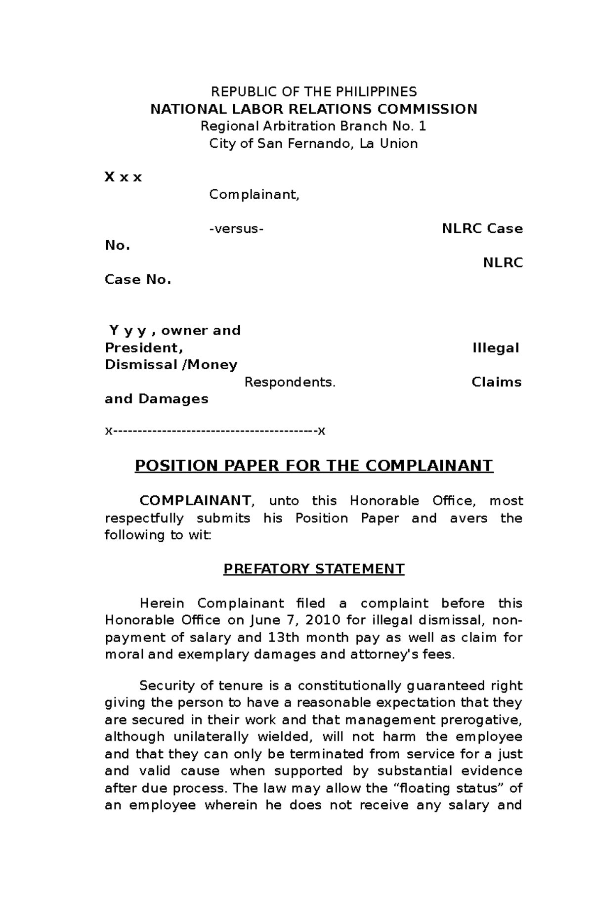 NLRC Case No. for Illegal Dismissal: Position Paper of Complainant ...