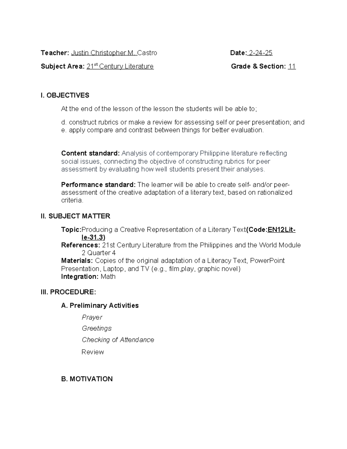 Rubric Lesson plan - Teacher: Justin Christopher M. Castro Date: 2-24 ...