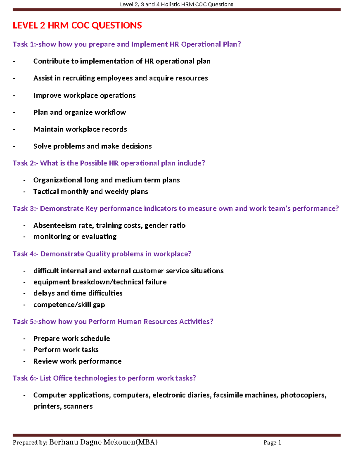 HRM COC Questions: Levels 2 to 4 Comprehensive Guide - Studocu