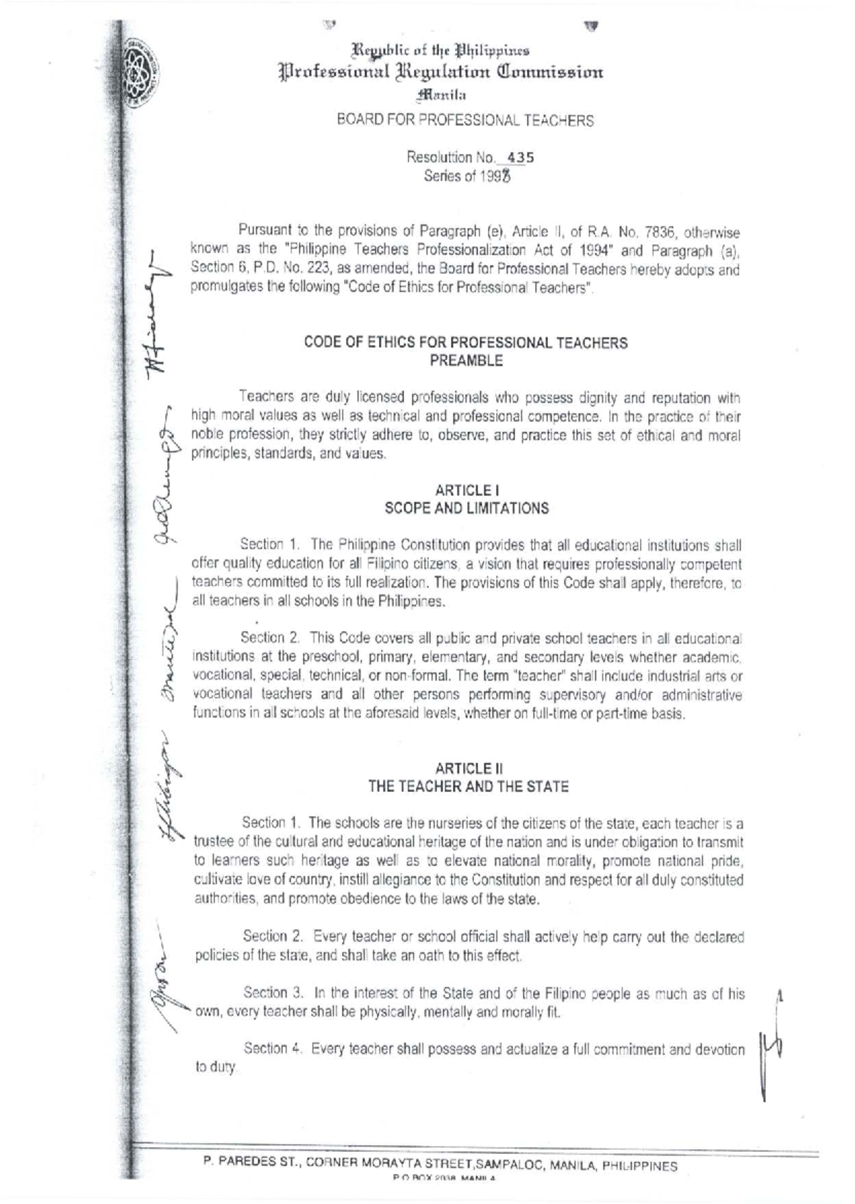 Resolution No. 435: Code of Ethics for Professional Teachers - Studocu