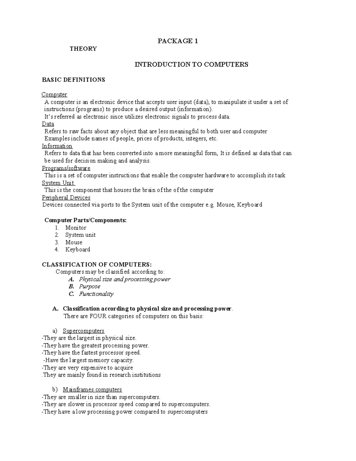 Introduction to Computers (COMP101): Basic Concepts and Classifications - Studocu