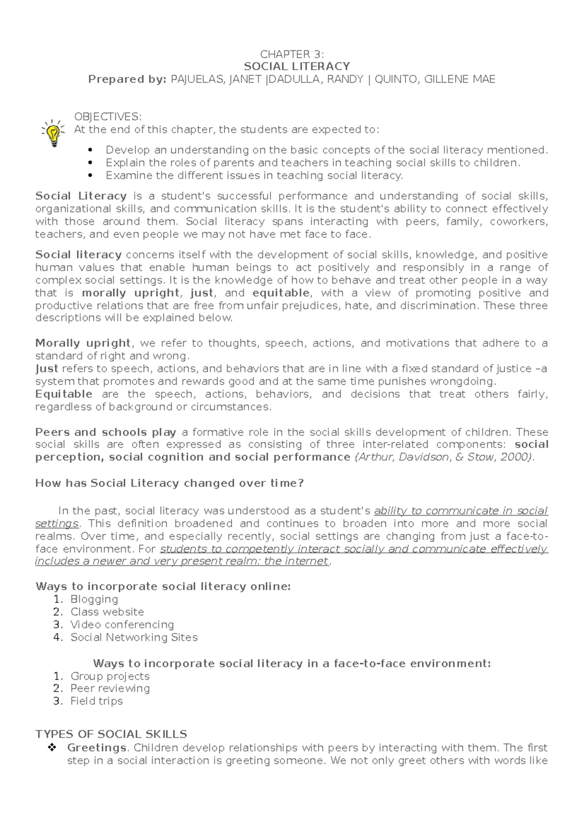Social Literacy Chapter Notes: Understanding Skills and Concepts - Studocu