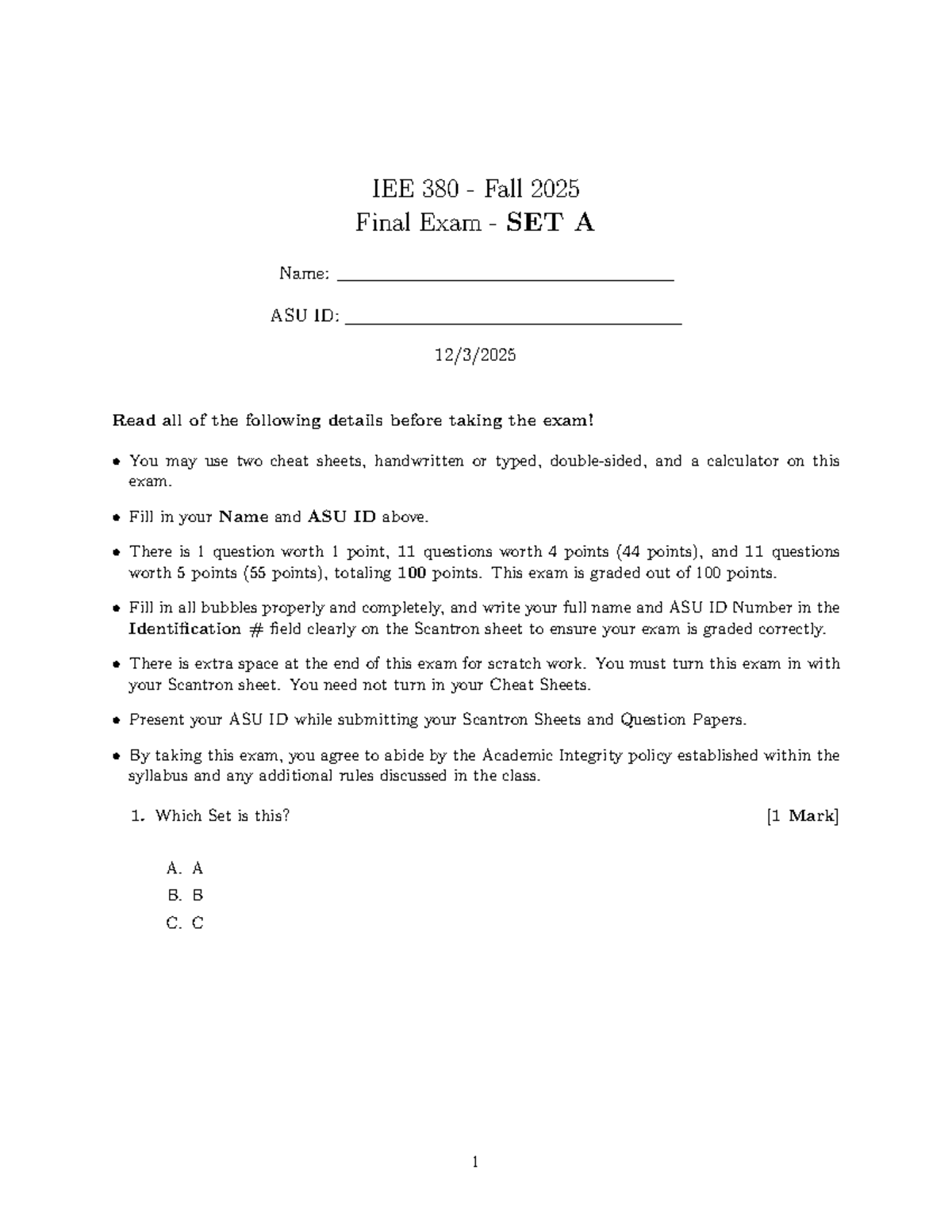 IEE 380 Fall 2025 Final Exam SET A Instructions and Questions - Studocu