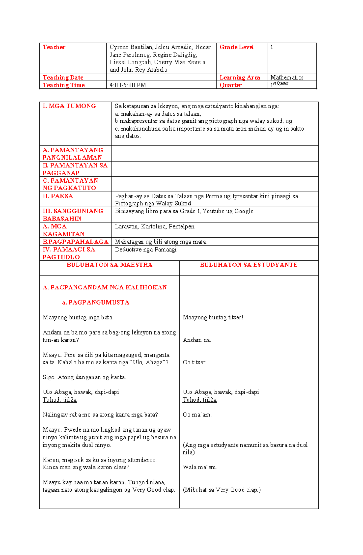 MTB Lesson Plan 1: Pictograph Presentation for Grade 1 Math - Studocu