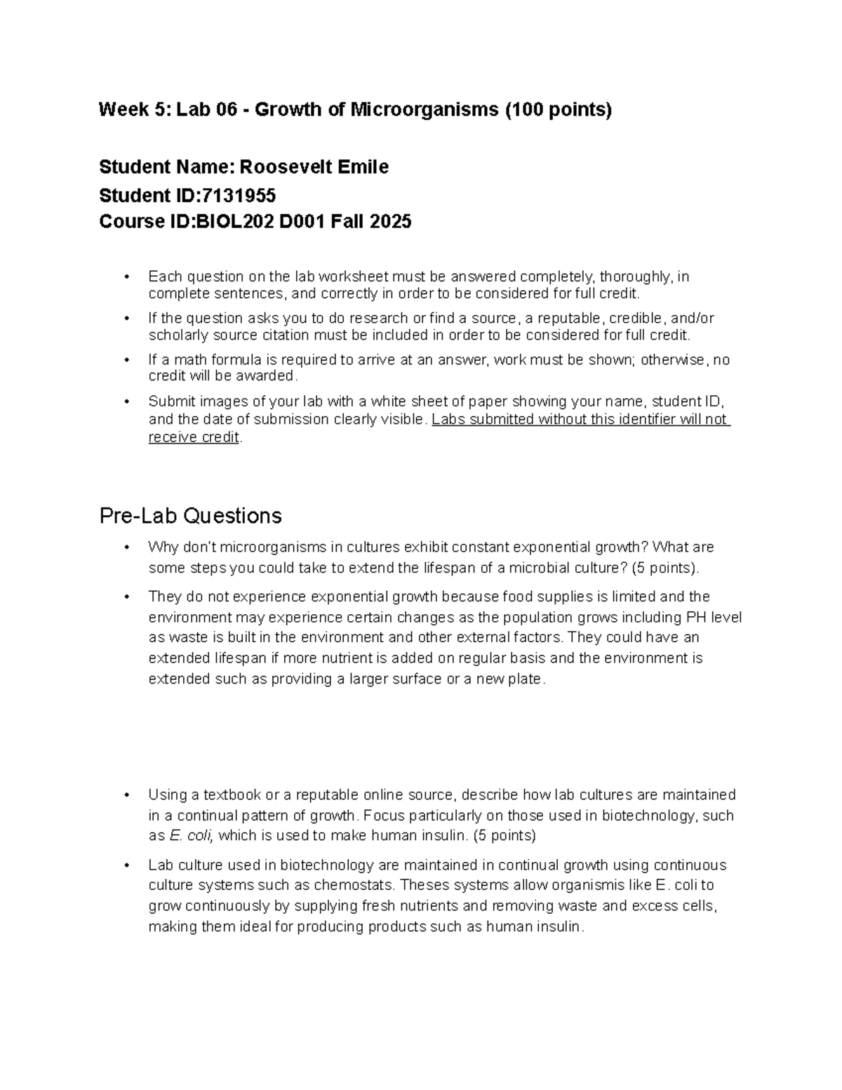 Week 5 Lab 06: Growth of Microorganisms Analysis and Results (BIOL202 ...