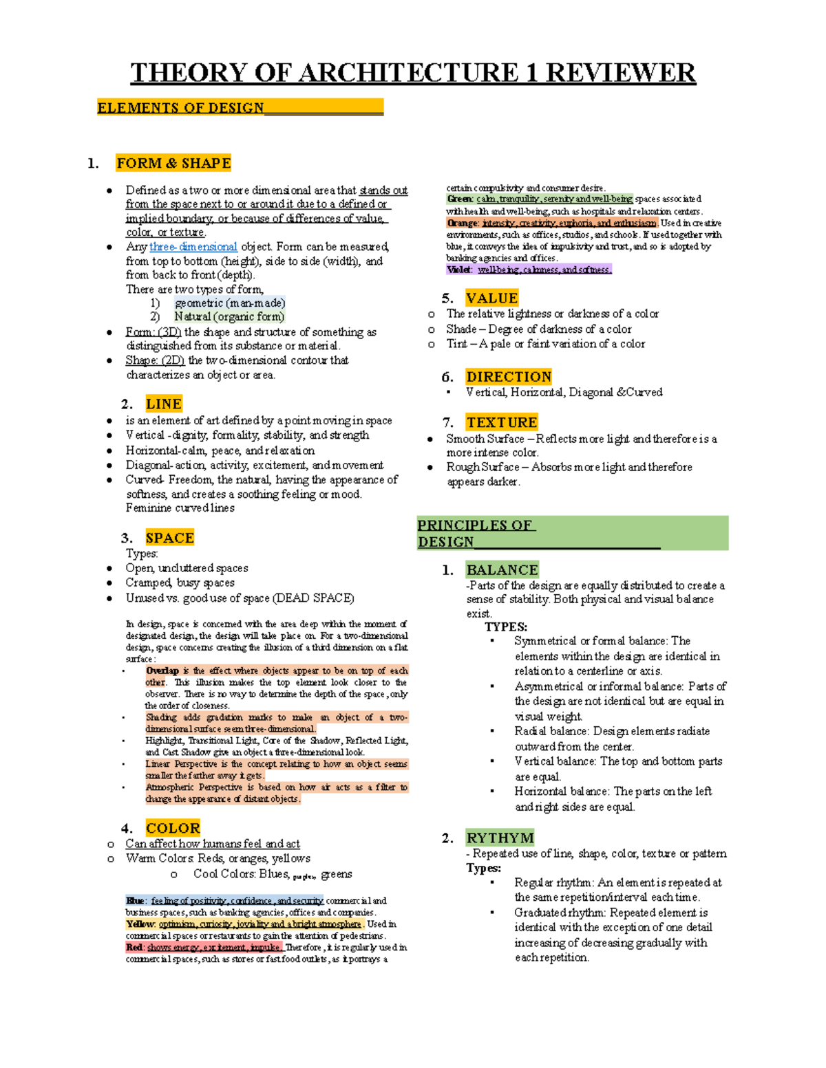 THEORY OF ARCHITECTURE 1: ELEMENTS AND PRINCIPLES REVIEW - Studocu