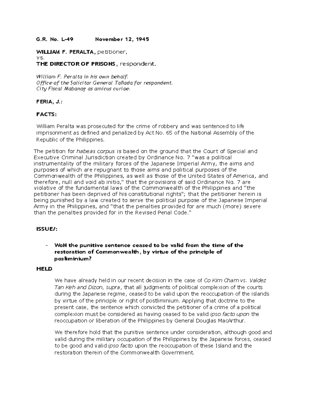 Case digest peralta vs director of prisons 75 phil 285 1945 - Juris ...