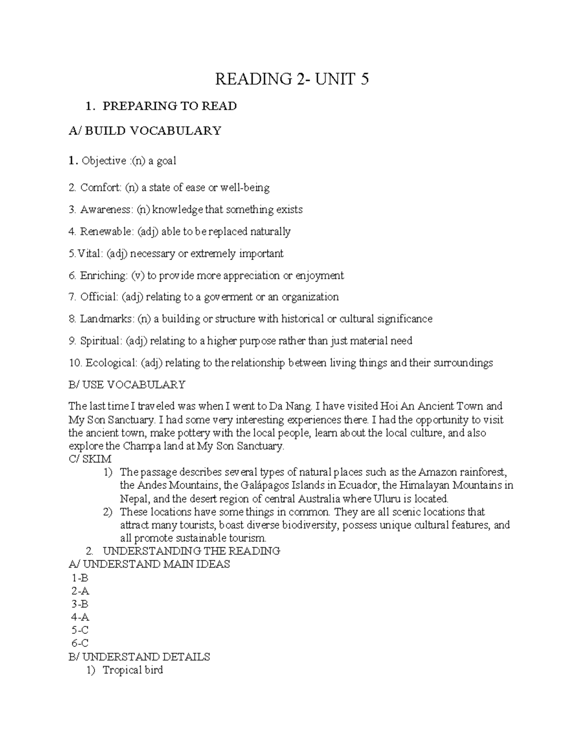 Reading Unit 5: Vocabulary & Main Ideas Overview - Studocu