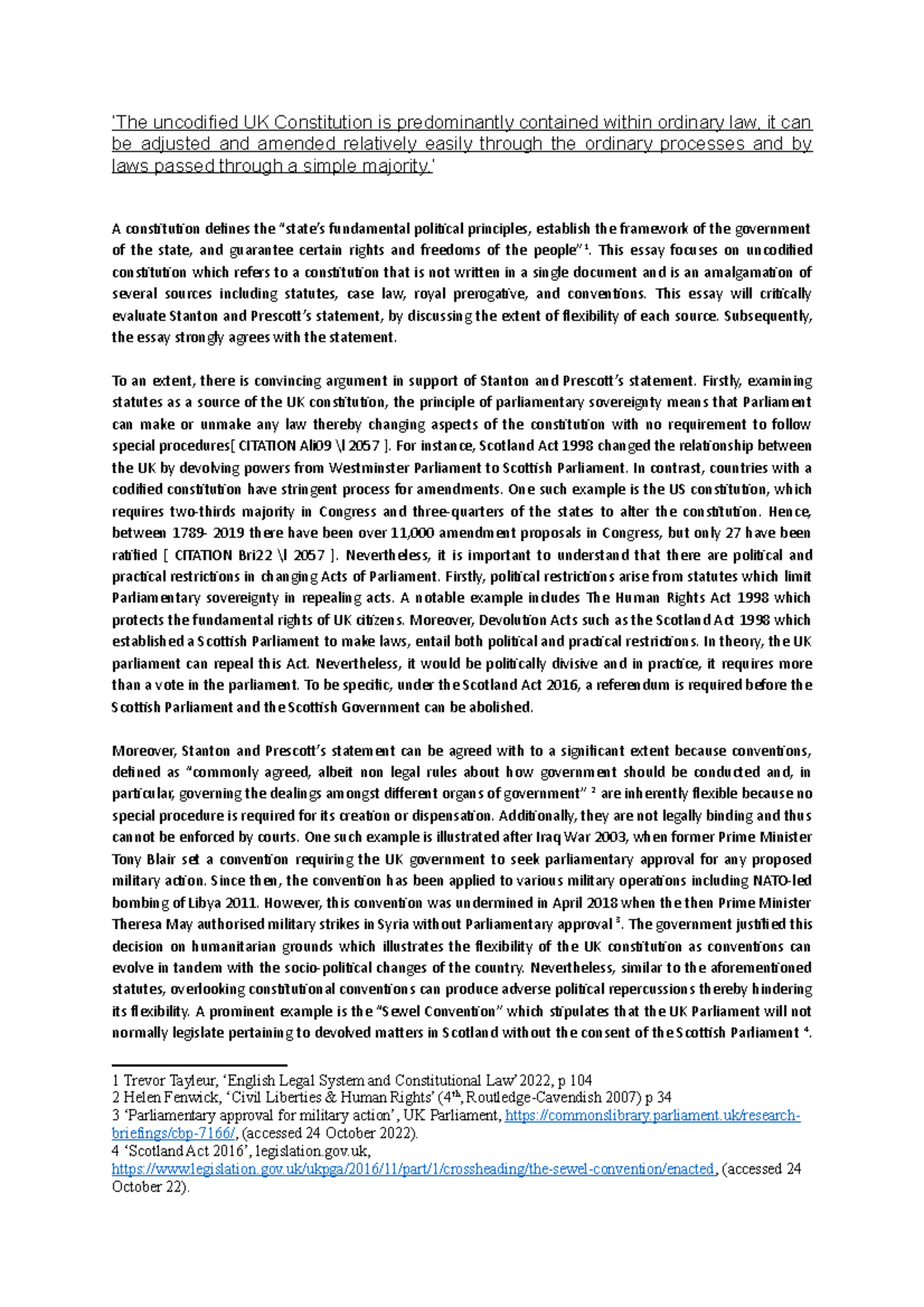 Constitutional Law Essay: Evaluating the Flexibility of the Uncodified UK Constitution - Studocu