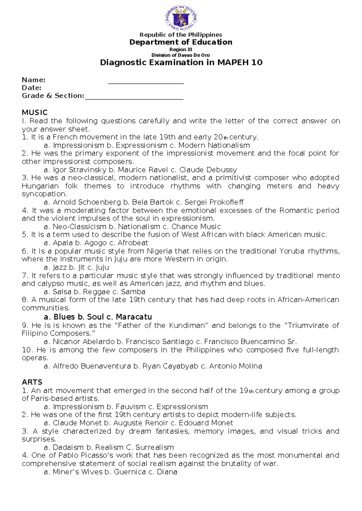 MAPEH 10 Diagnostic Test Questions and Answers 2023 - Studocu