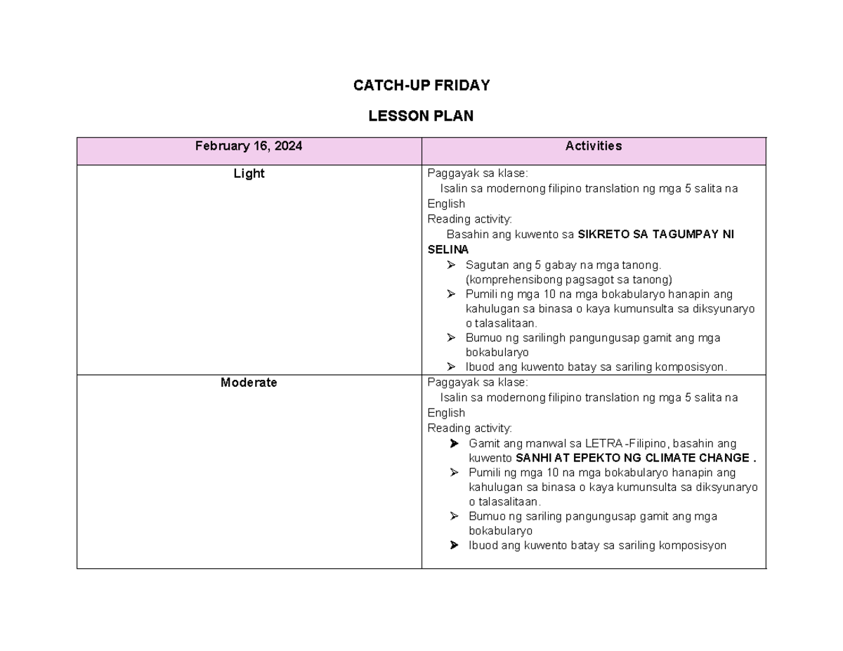 CATCH-UP-DLL 1 - Lesson Plan for February 16 Activities - Studocu