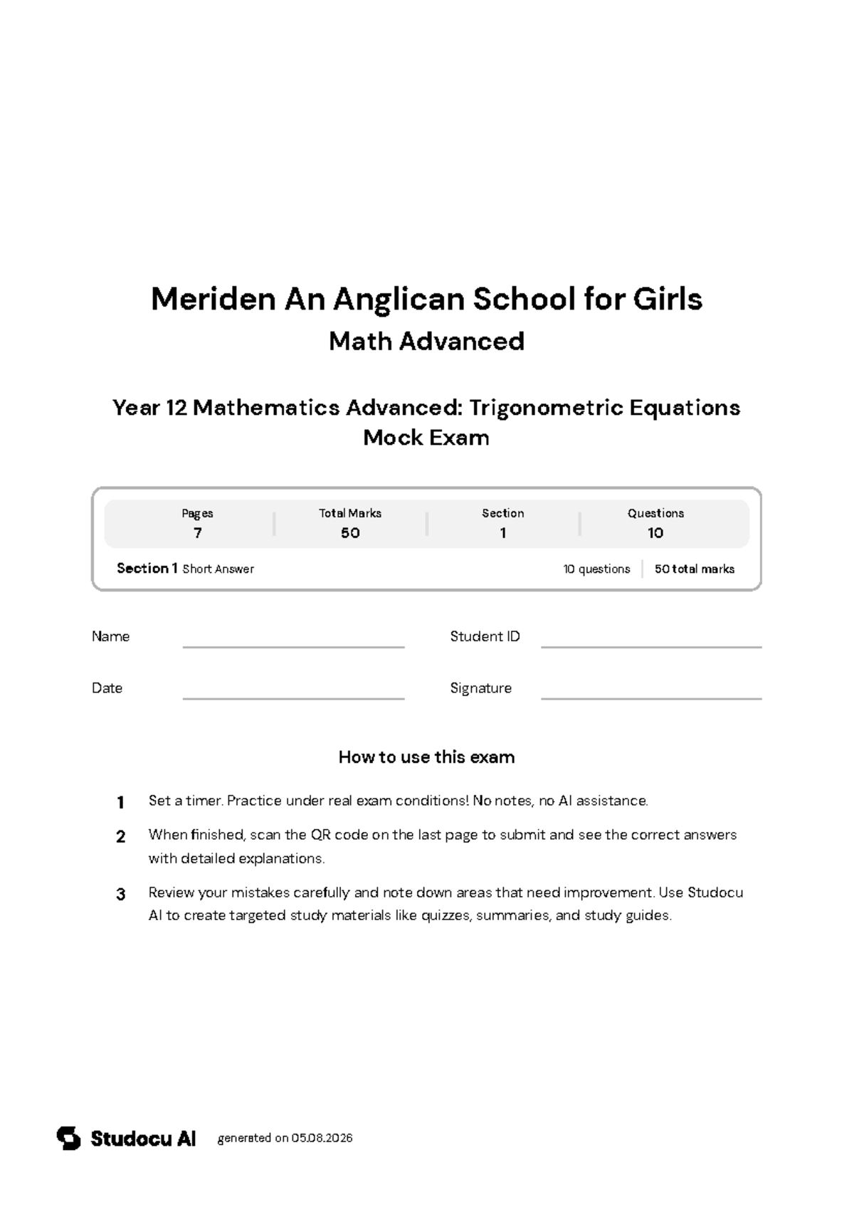 Year 12 Mathematics Advanced: Trigonometric Equations Mock Exam - Studocu