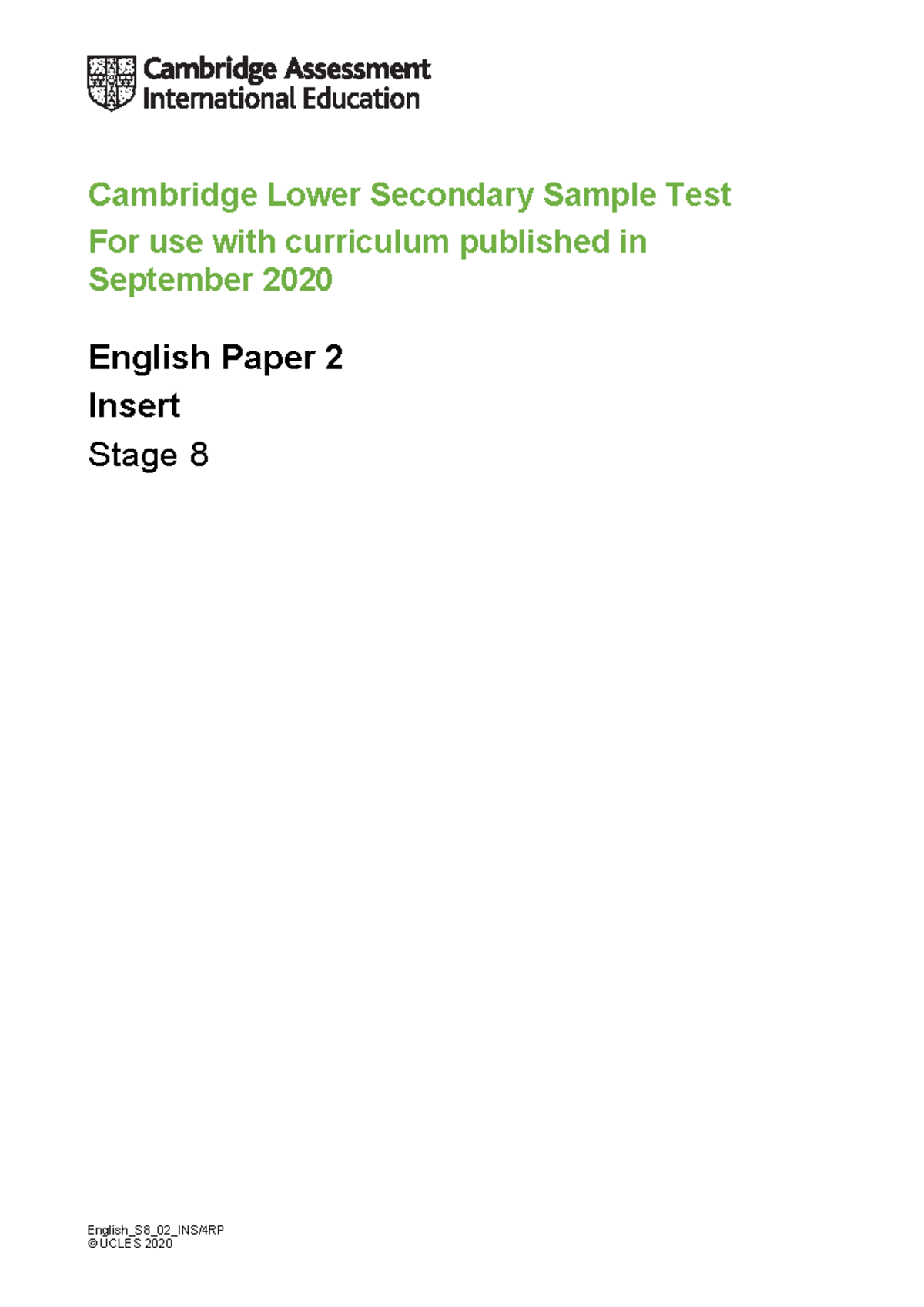 English Stage 8 Paper 2 Insert Sample - tcm143-595370 - Studocu