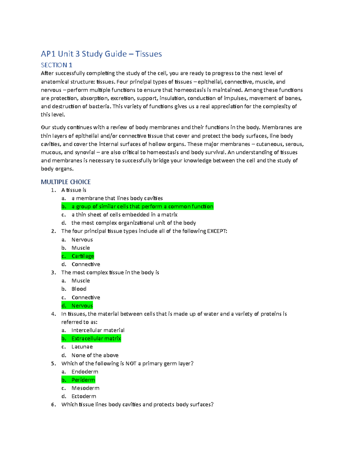 AP1 Unit 3 Study Guide: Understanding Tissues and Membranes - Studocu