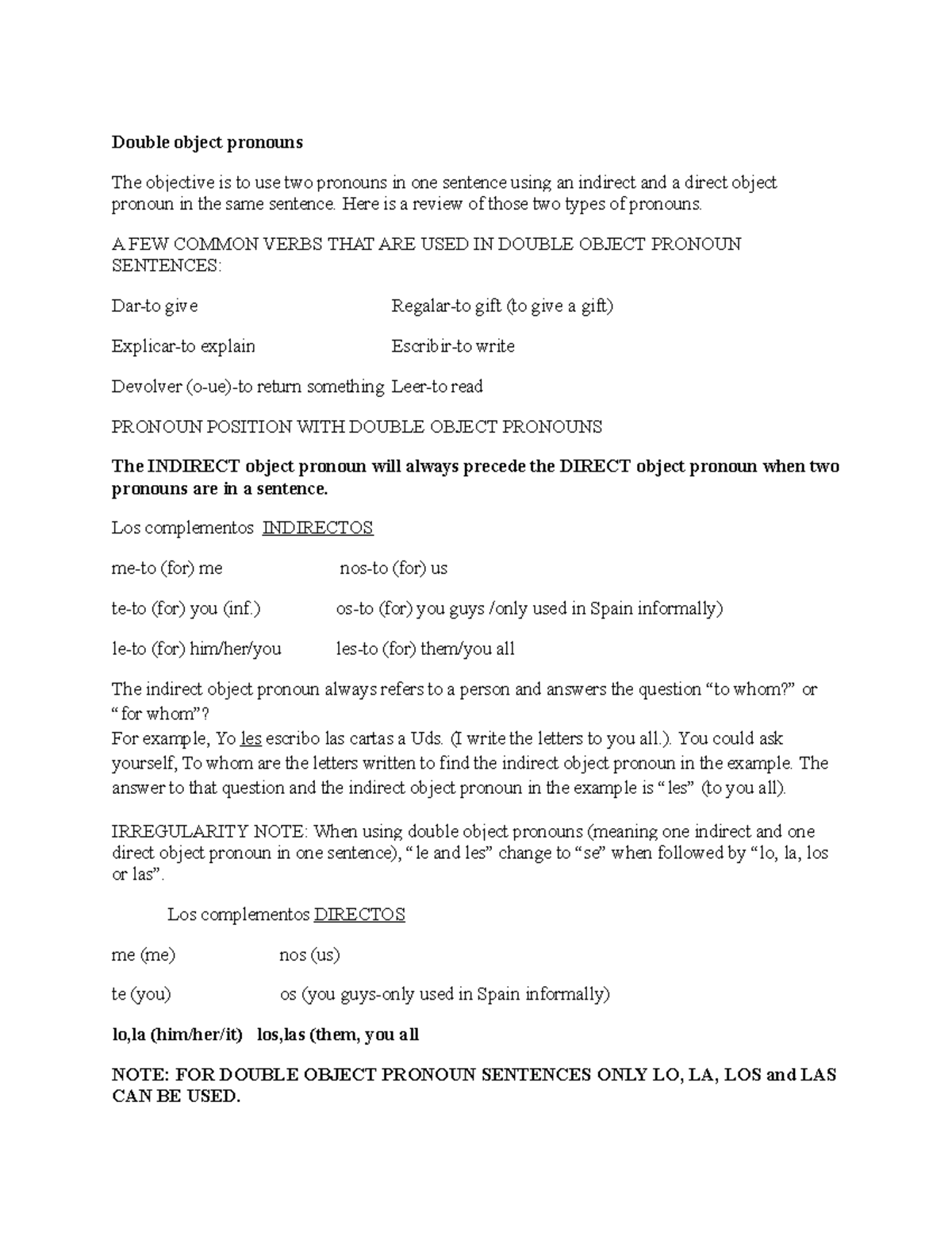 Spanish Double Object Pronouns Overview and Sentence Usage Guide - Studocu