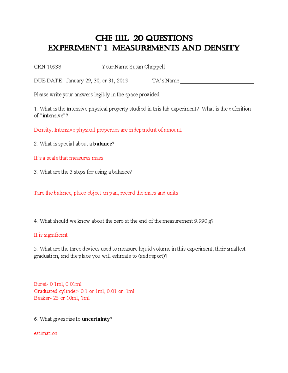 CHE 111L Experiment 1: Measurements and Density Lab Report - Studocu