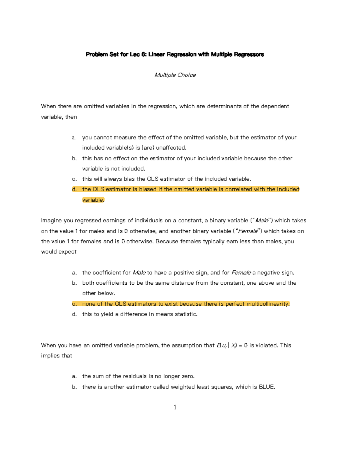 Problem Set for Lec 6: Multiple Regression Analysis and Omitted Variable Bias - Studocu