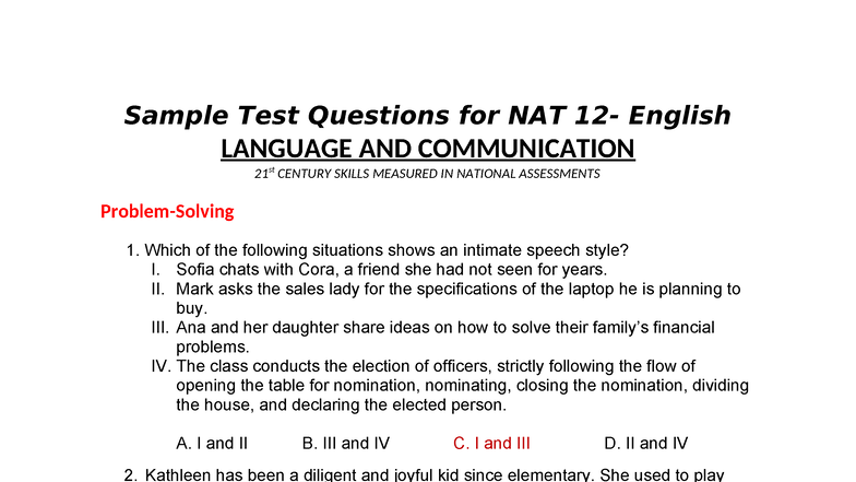 NAT G12 English 1 - Sample Test Questions on Language & Communication ...