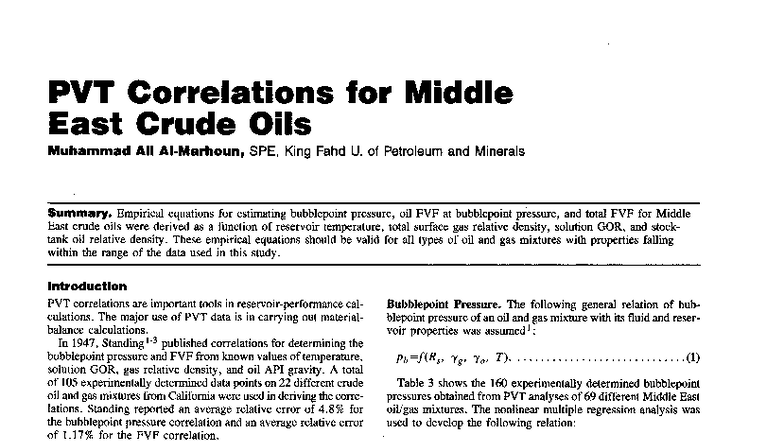 PVT Data Analysis for Middle East Crude Oils - SPE 13718 - Studocu