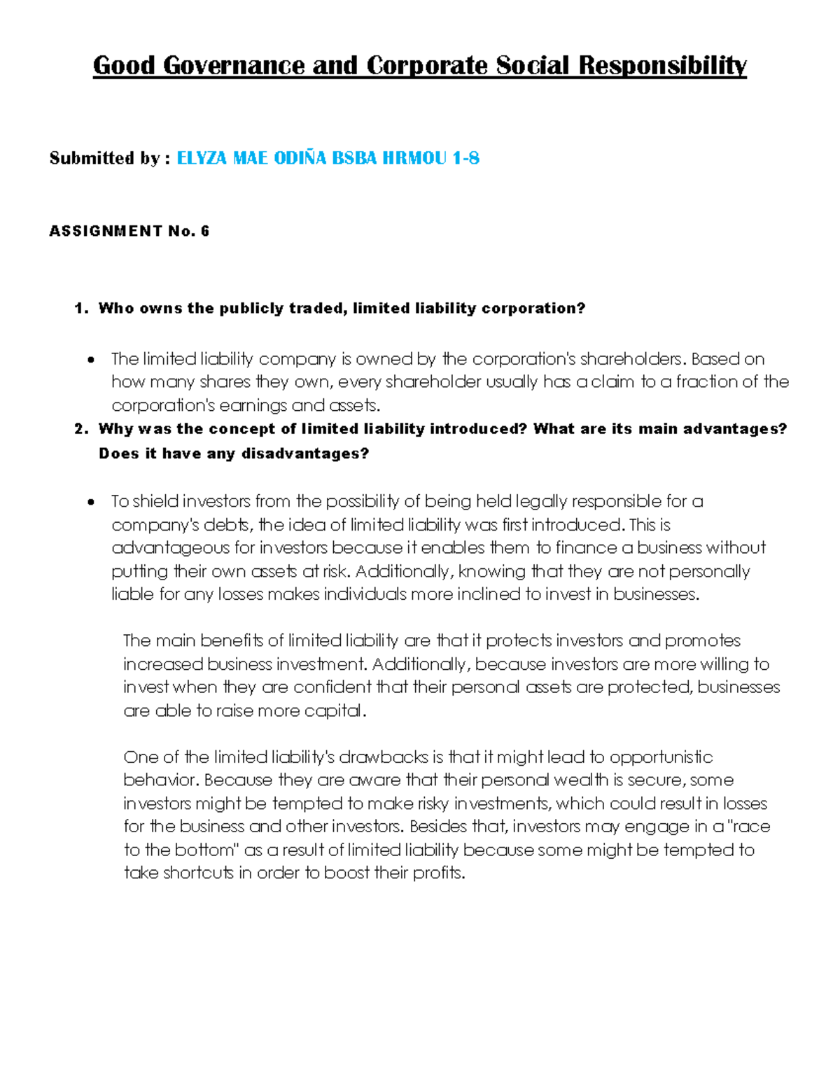 BUMA- Assignment-6 - ASSIGNMENT FOR BUMA - Good Governance and ...