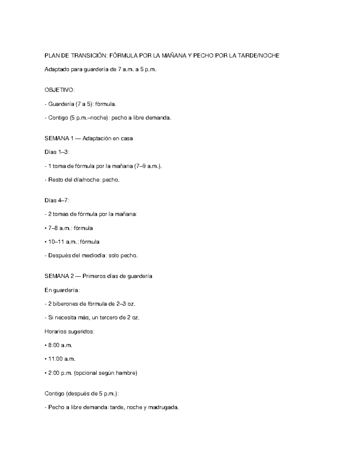 Plan de Transición: Fórmula y Pecho para Guardería (7 a 5) - Studocu