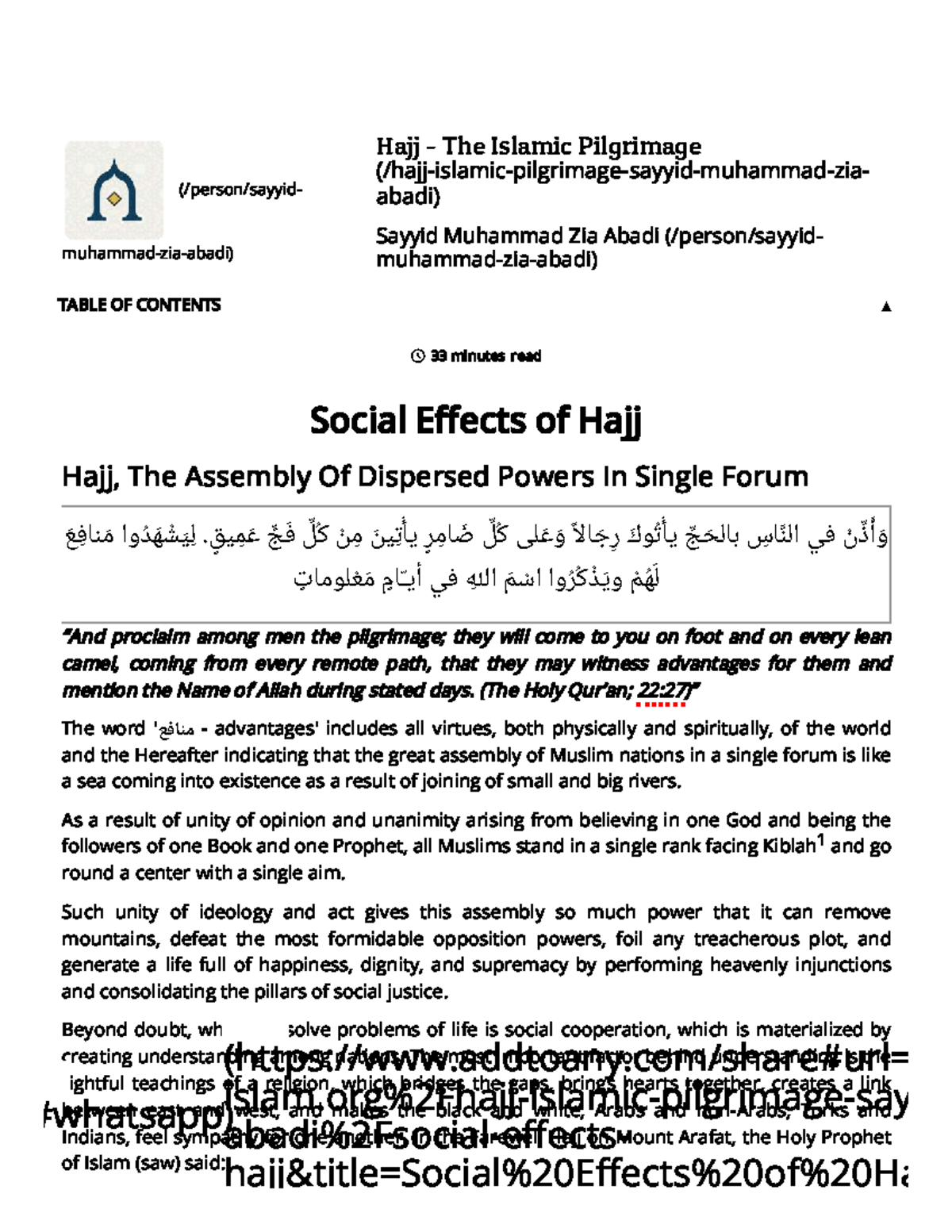 Social Effects of Hajj: Insights from Sayyid Muhammad Zia Abadi (ISL 101) - Studocu