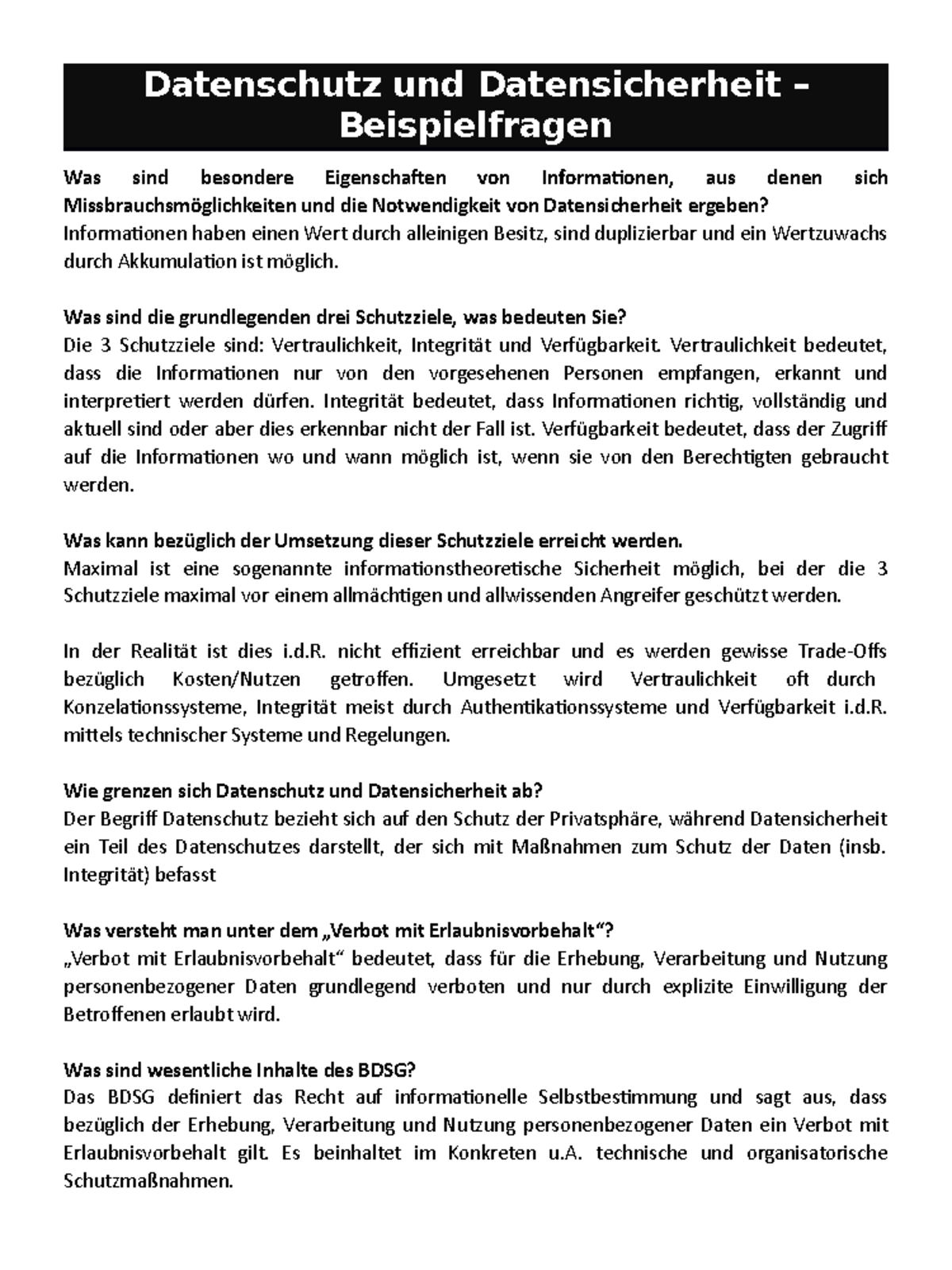Klausur Sommersemester 2017, Fragen und Antworten - Datenschutz und Datensicherheit ...