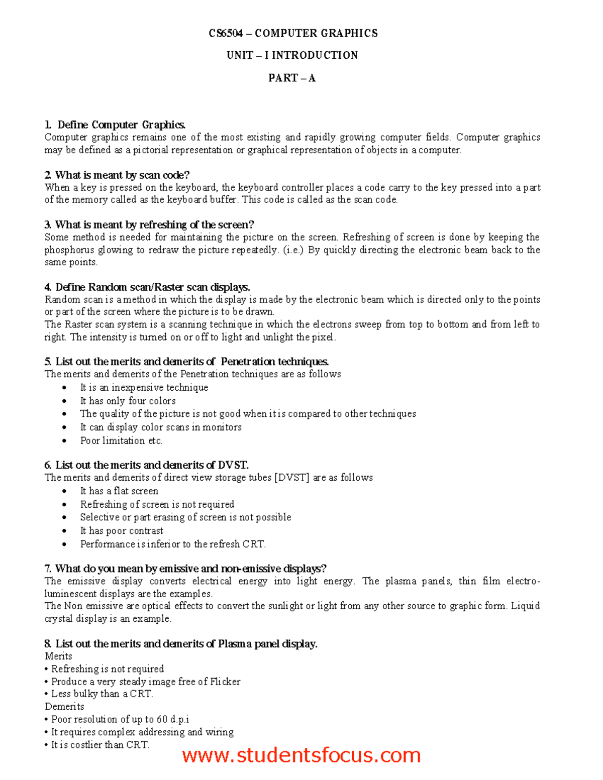 CS6504 Computer Graphics: Questions and Answers for Unit I & II - Studocu