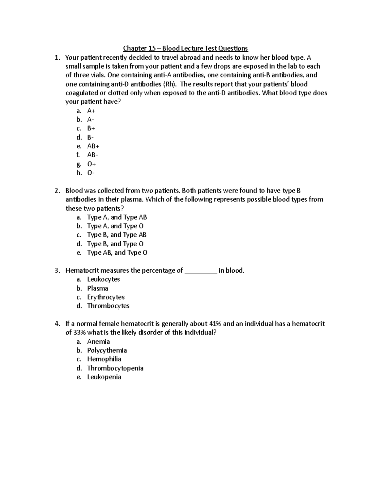 Chapter 15 Blood Lecture Test MCQ Review (Final Exam) - Studocu