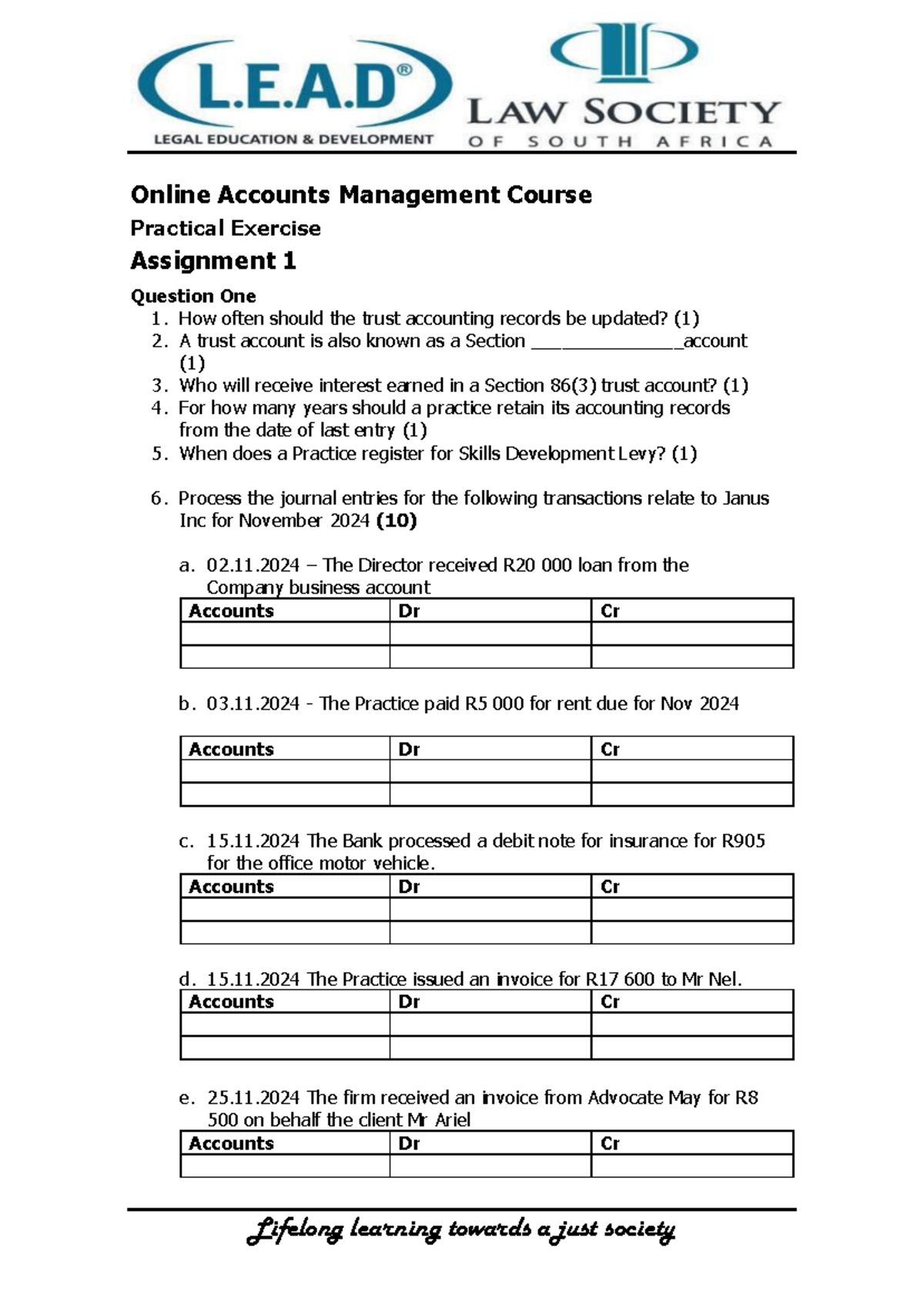 Accounts Management Course Assignment 1 Questions & Practical Exercise ...
