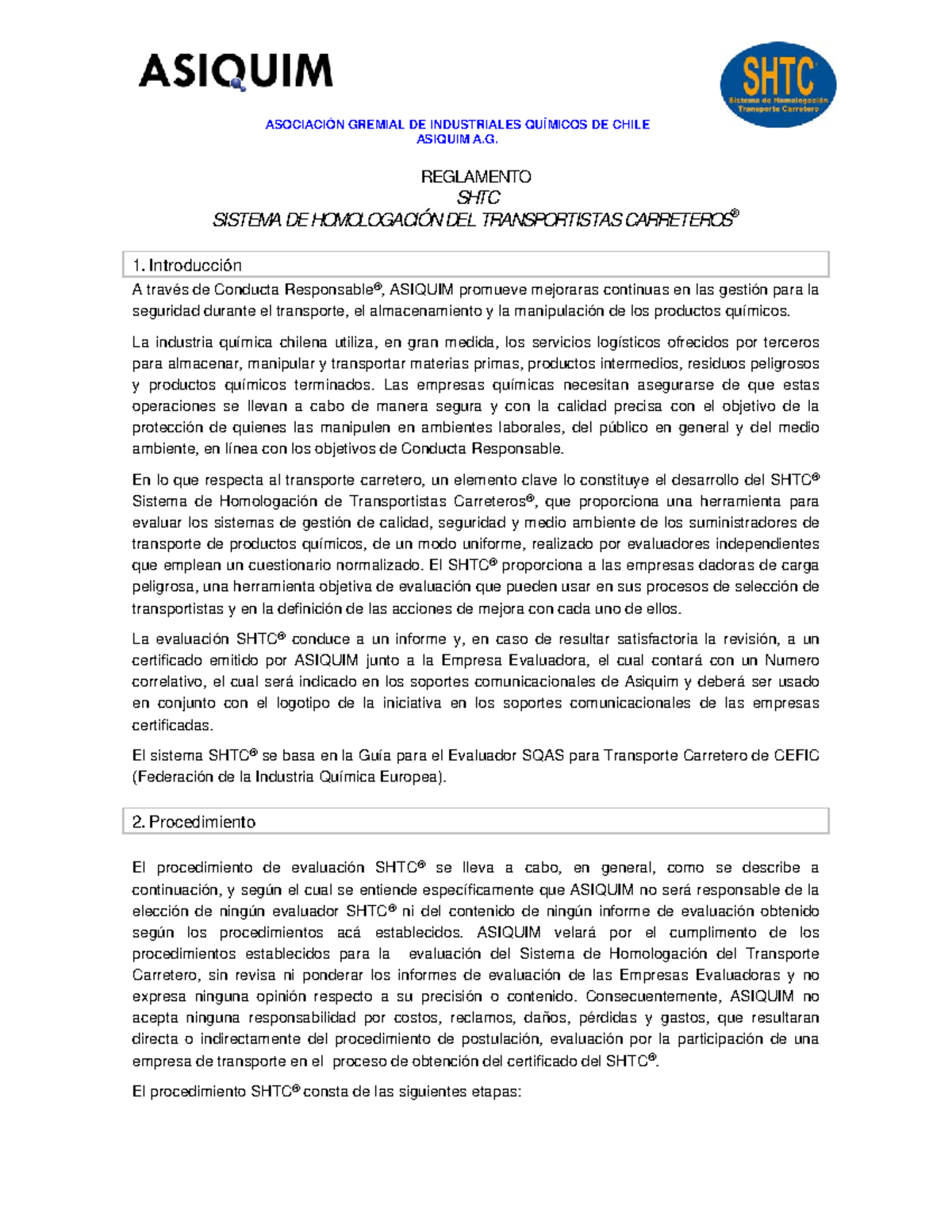 Reglamento del SHTC para el Transporte de Productos Químicos - ASIQUIM A. - Studocu
