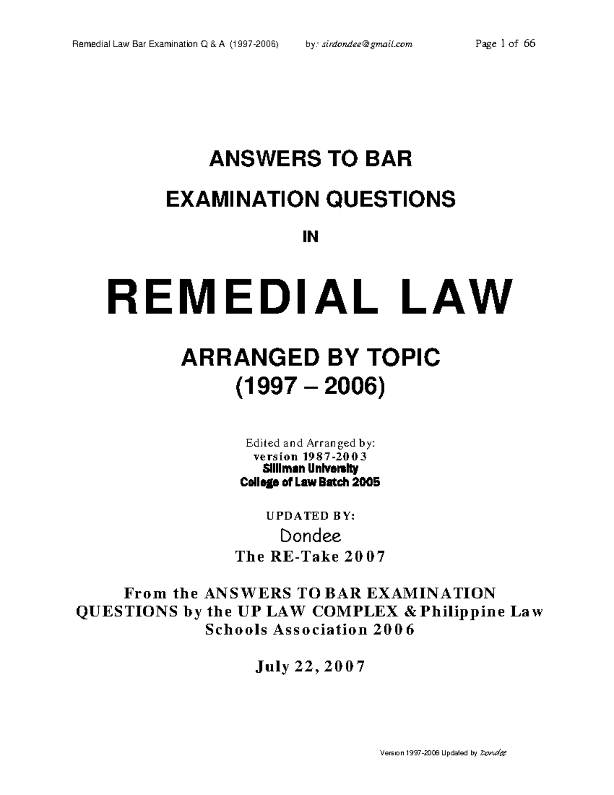 Remedial Law Bar Exam Q&A (1997-2006) - Updated Version 198003 - Studocu