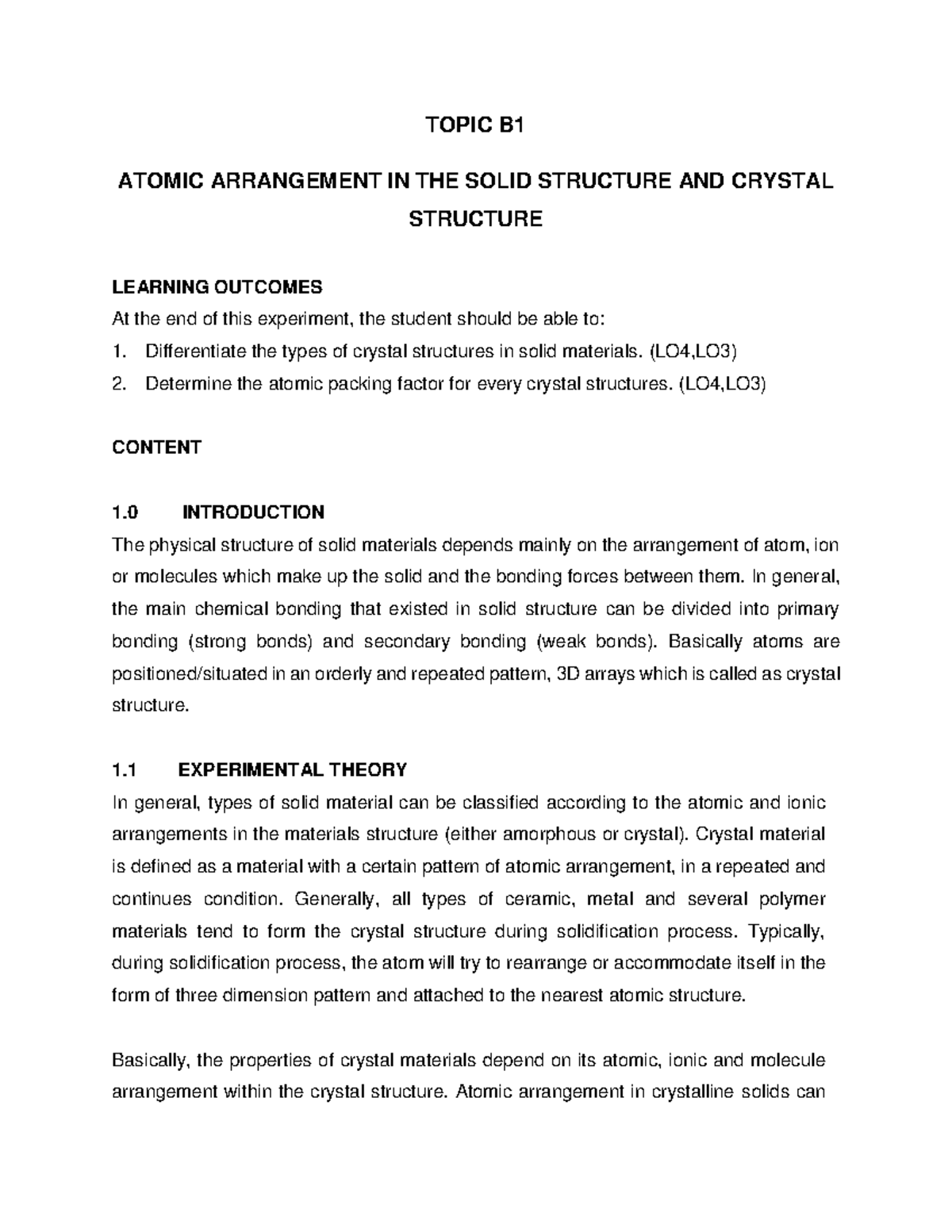 B1: Atomic Arrangement in Solid Structure & Crystal Theory - Studocu