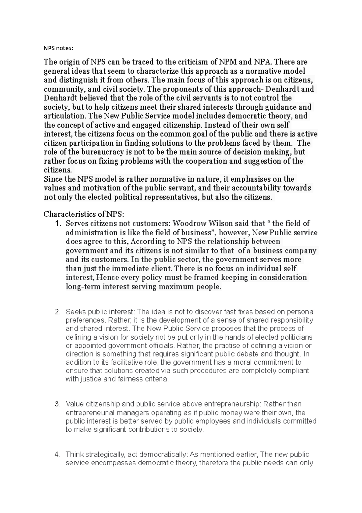 NPS 101: Comprehensive Notes on New Public Services Principles - Studocu