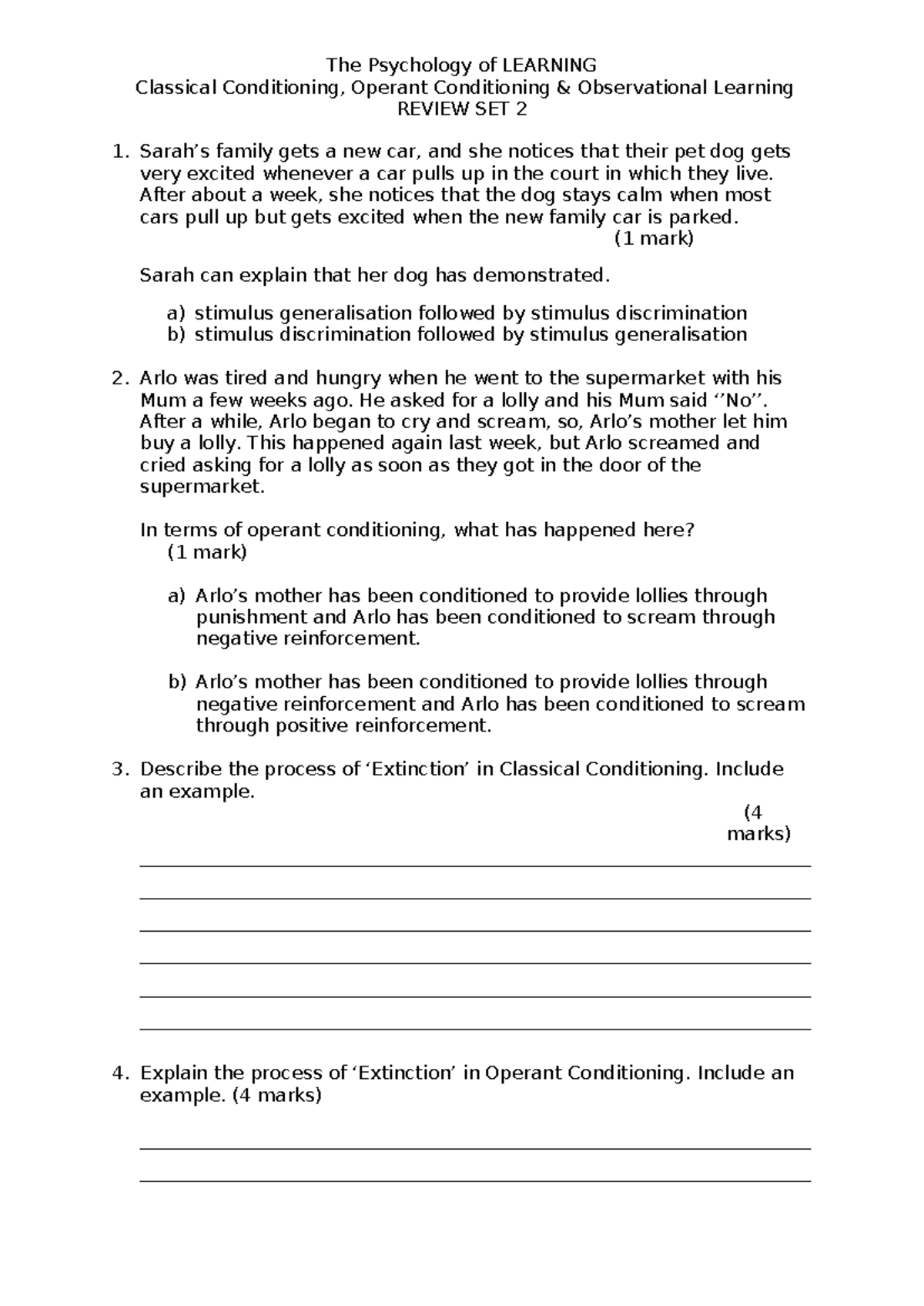Psychology 101: Classical & Operant Conditioning Review Set 2 - Studocu