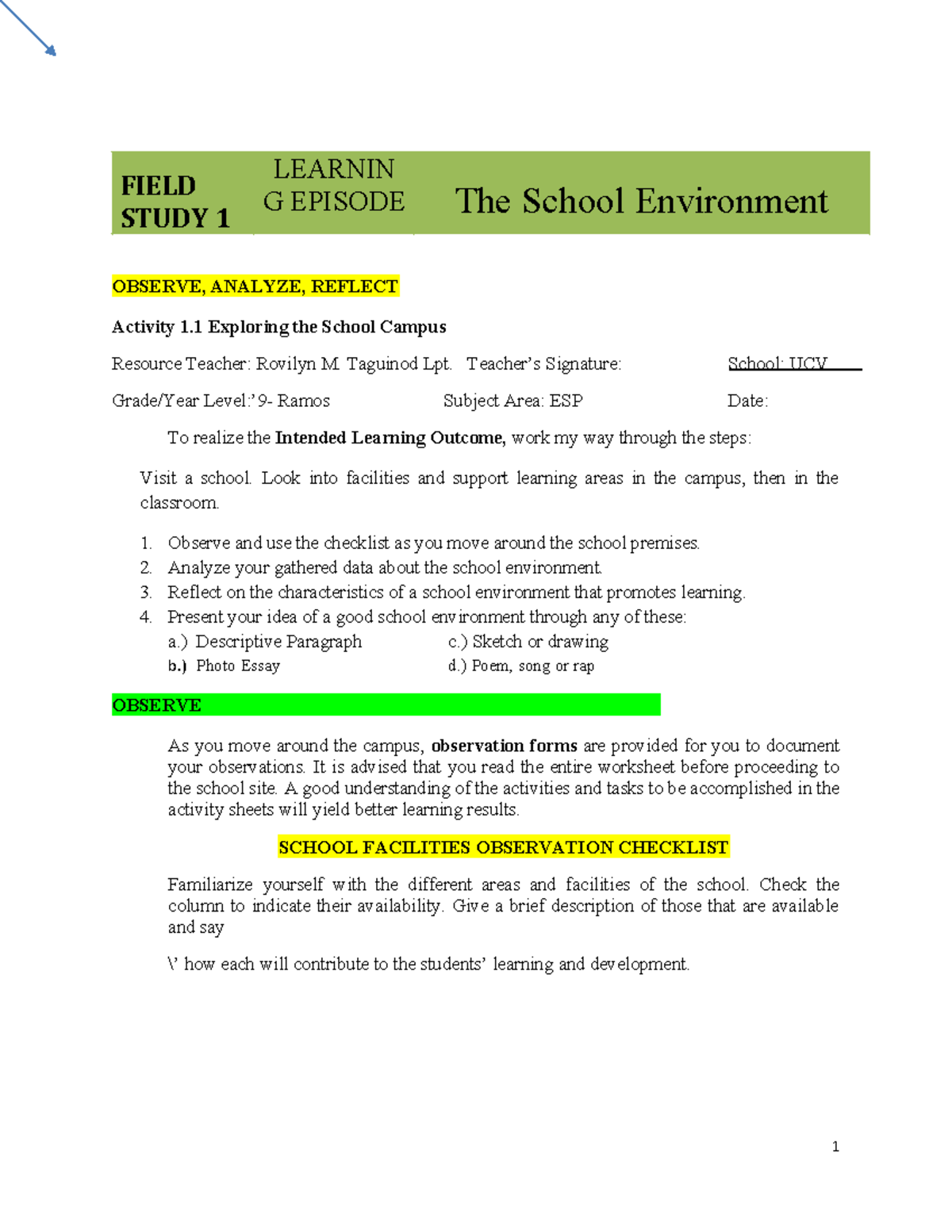 Field Study 1: Final Observation Report on School Environment - Studocu